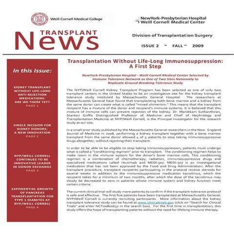 Weill Cornell Transplant News Issue 2 Fall 2009 | PDF