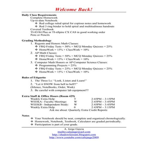 Welcome Back Syllabus | PDF
