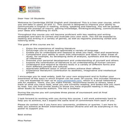 Welcome letter year 10 | PDF