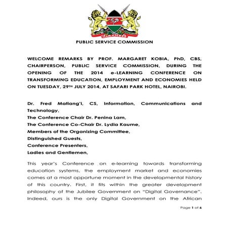 Welcome remarks, prof. kobia (e learning conference) | PDF