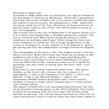 Welcome to BobsvilleFounded in 2000, Bobsville is a fictitious cit.docx