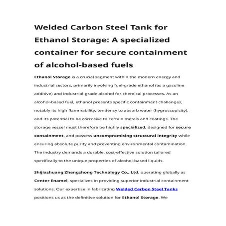 Welded Carbon Steel Tank for Ethanol Storage A specialized container ...
