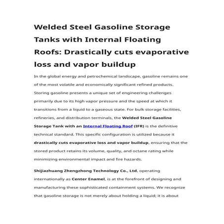 Welded Steel Gasoline Storage Tanks with Internal Floating Roofs ...