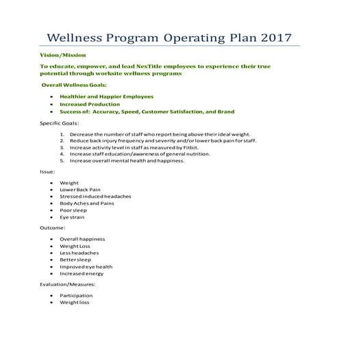 Wellness program operating plan 2017 | DOCX | Wellness | Healthy Living