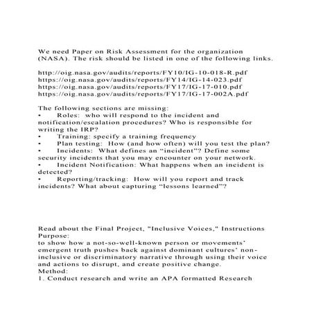 We need Paper on Risk Assessment for the organization (NASA). Th.docx