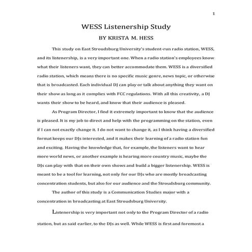 Wess listenership study paper | DOCX | College Radio | Music