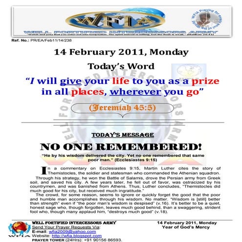 WFIA, Prayer For 14 February 2011 | PDF