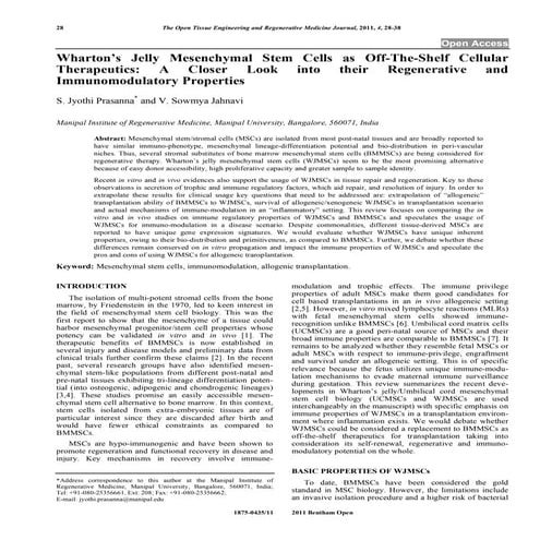 Wharton’s jelly mesenchymal stem cells as off the-shelf cellular therapeutics- a closer look ...