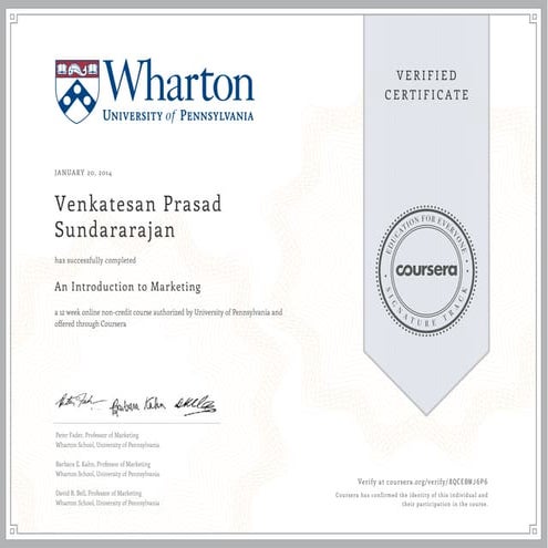 Wharton U Penn Intro' to Marketing Certificate 2014 VPS | PPT