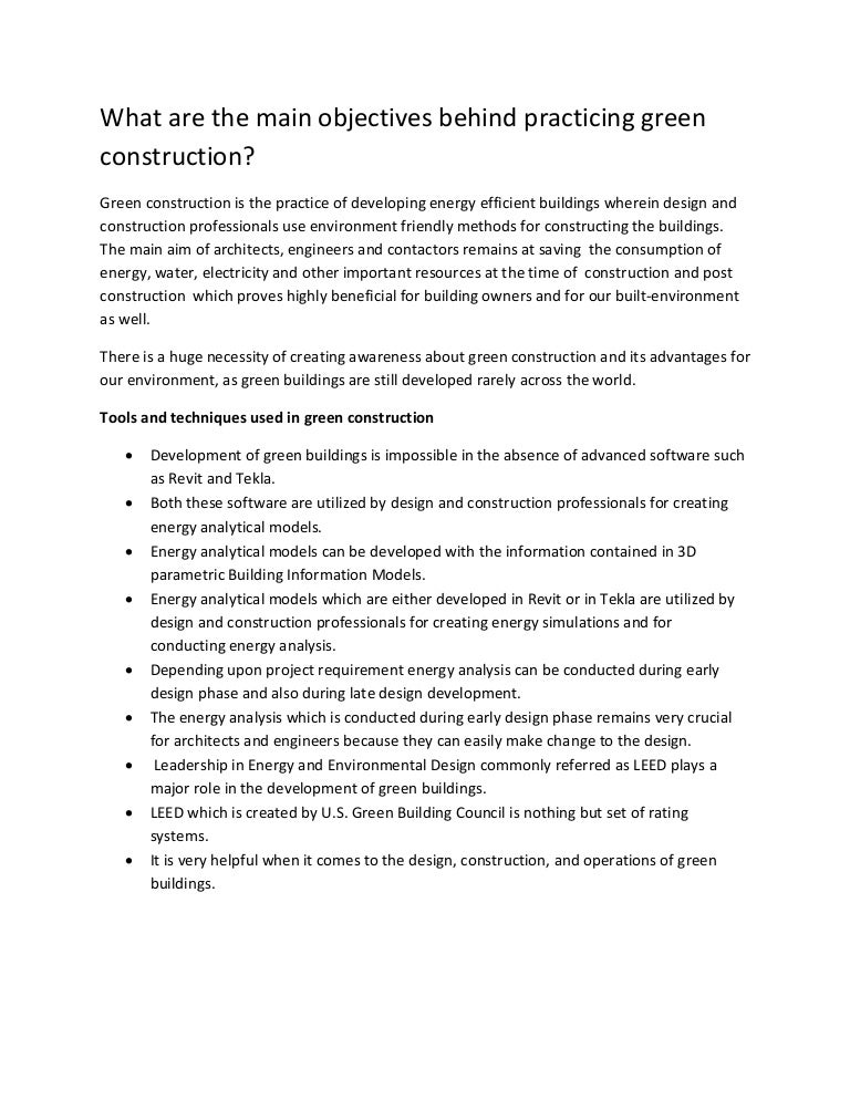 What are main objectives behind practicing green construction