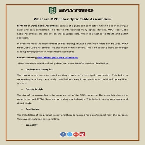MTP/MPO Fiber Optic Cable：Types and Their Applications | PDF
