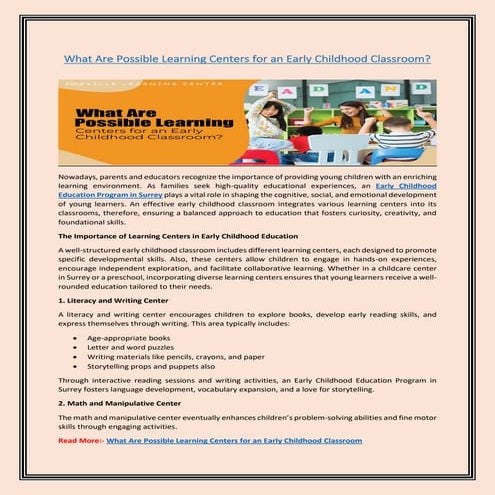 What Are Possible Learning Centers for an Early Childhood Classroom | PDF