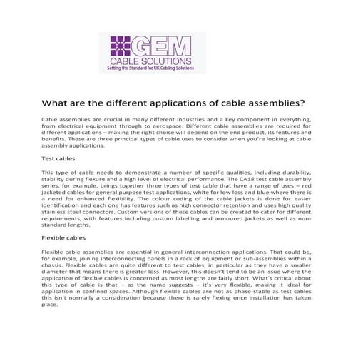 What are the different applications of cable assemblies? | PDF