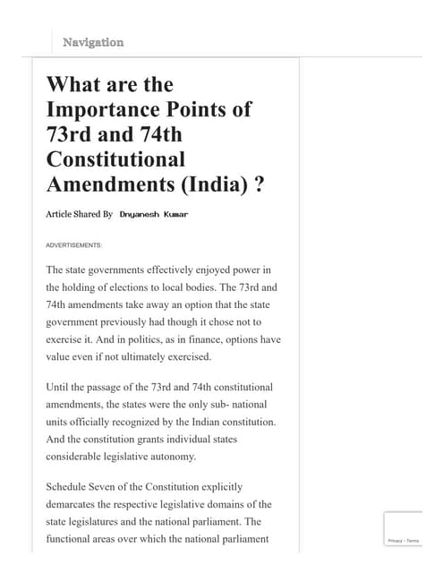 Panchayati raj system article (243 A -243 o) 73th amendment act 1992 | PPTX