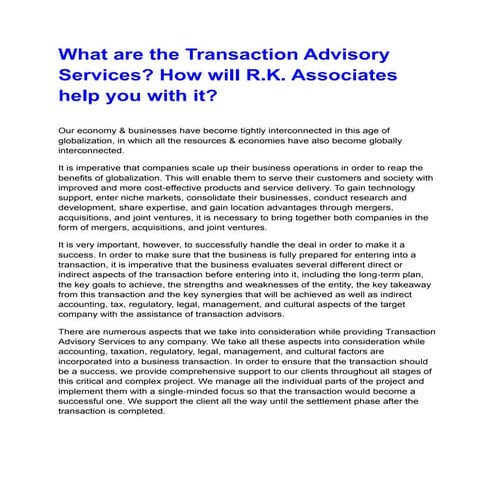 What are the Transaction Advisory Services_ How will R.K. Associates ...