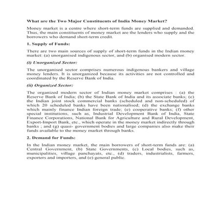 What are the two major constituents of india money market | DOC