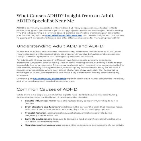 What Causes ADHD? Insight from an Adult ADHD Specialist Near Me | PDF