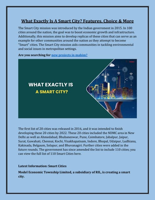 Top 10 Smart Cities in India: Driving the Smart City Mission | PDF