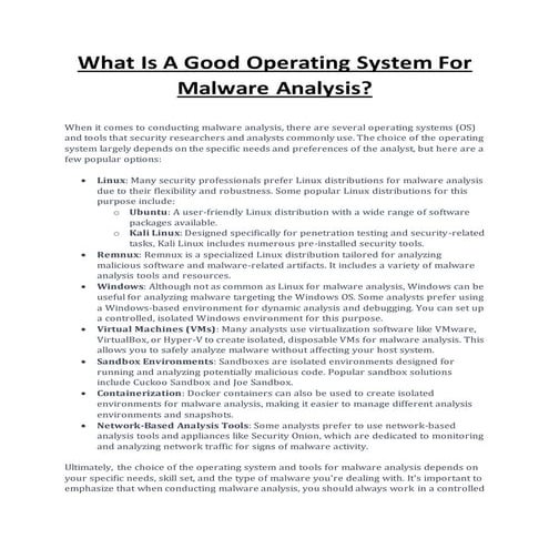 What Is A Good Operating System For Malware Analysispdf Operating Systems Computer Software