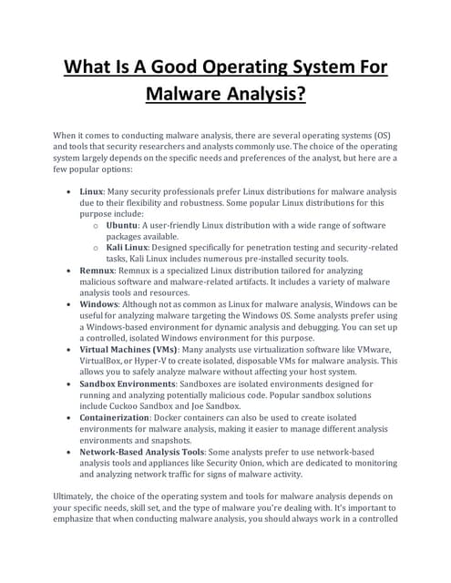 What Is A Good Operating System For Malware Analysispdf Operating Systems Computer Software
