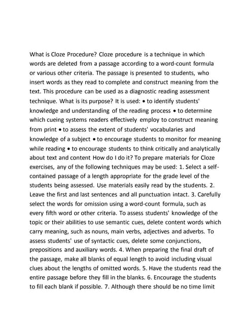 Cloze test and c test | PPT | Standardized Testing | Educational Assessment