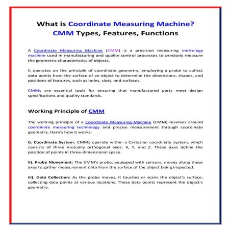 What is Coordinate Measuring Machine? CMM Types, Features, Functions | PDF