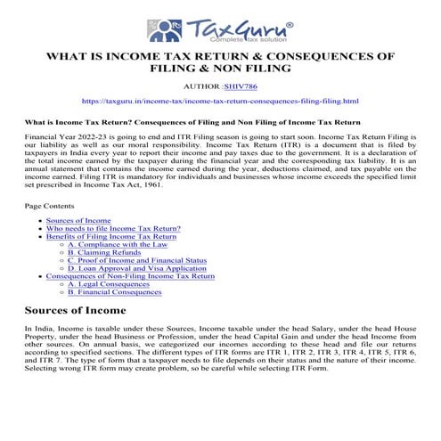 What is Income Tax Return, Consequences of Filing & Non Filing | PDF