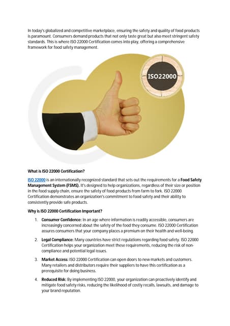 FSMS ISO 22000 Standard: Enhancing Food Safety and Quality | PDF