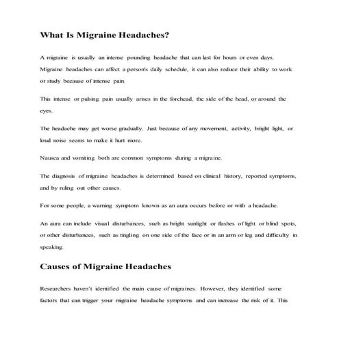Migraine Headaches: Causes, Symptoms, Types and Treatments | PDF