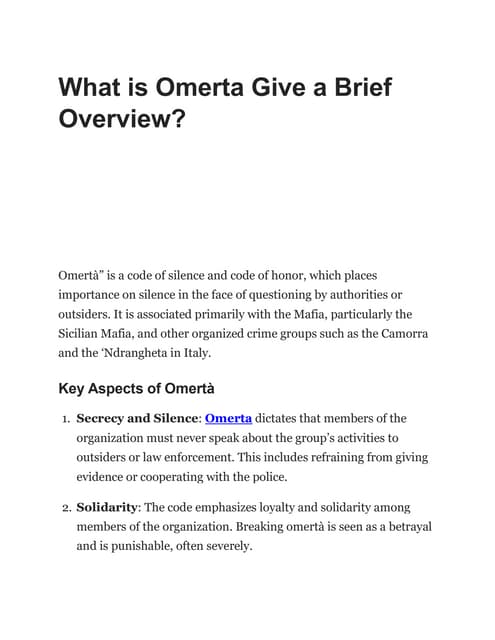 Omerta Code Of Silence Brief Overview on Omerta | PDF