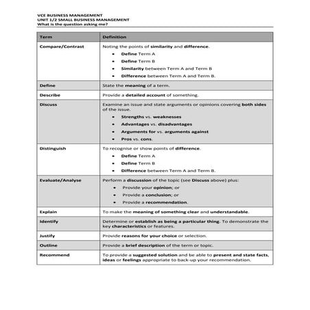 VCE BUSINESS MANAGEMENT - What is the question asking me? | PDF