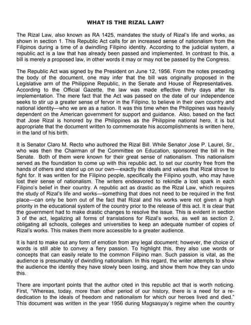 RA 1425 RIZAL LAW ,ITS PROPONENTS AND WHY IS IT CONSIDERED AS ...