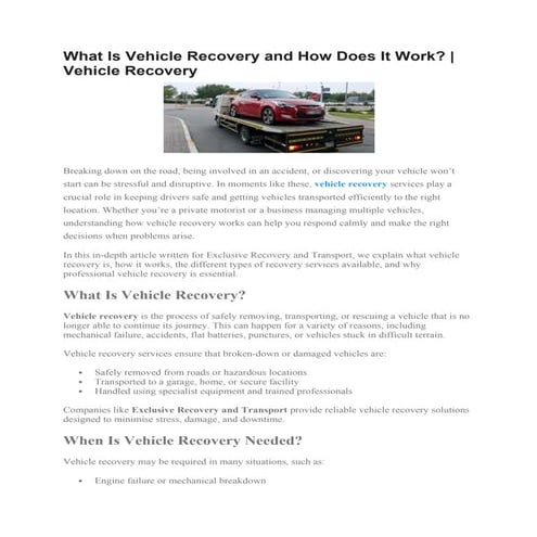 What Is Vehicle Recovery and How Does It Work. | PDF