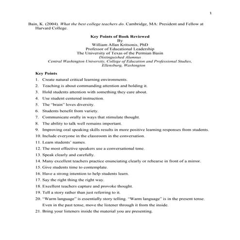 What the best college teachers to by ken bain - Book Reviewed by ...