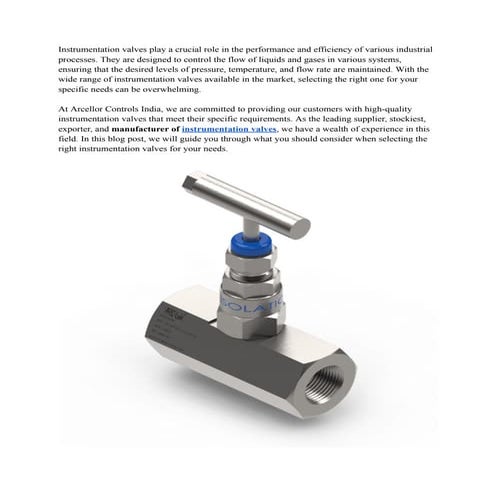 What to Consider When Selecting Instrumentation Valves_ - Arcellor Controls India.pdf