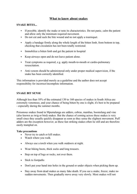 Basic safety against snake bite at work place | PPTX | First Aid | Injuries