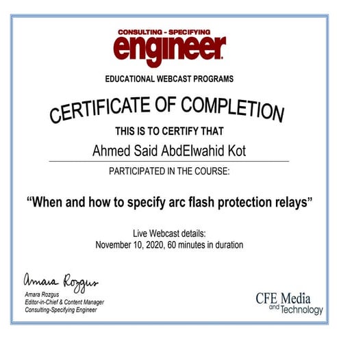 Certificate of Completion "When and How to Specify Arc Flash Protection ...