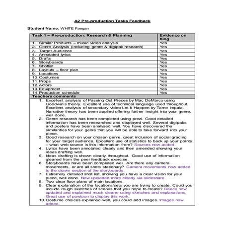 AS pre production tasks feedback sheet | DOCX