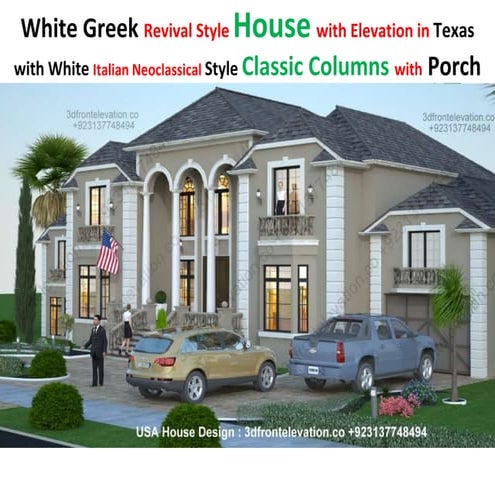 White Greek Revival Style House with Elevation in Texas with White ...