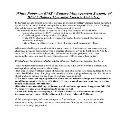 White paper on Battery Management System for BEV ( Battery Operated ...