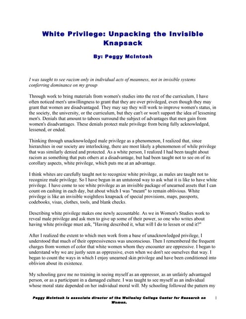 White Privilege Unpacking The Invisible Knapsack