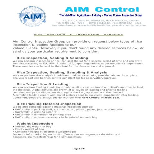 White rice analysis & inspection on quality, quantity for export | PDF