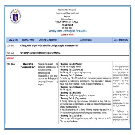 Grade 1 all subjects whlp_q2_w1 | DOCX