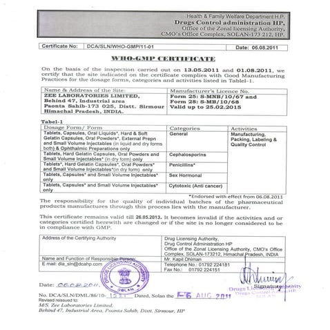 Who Gmp Certificate Zee Ltd. | PDF
