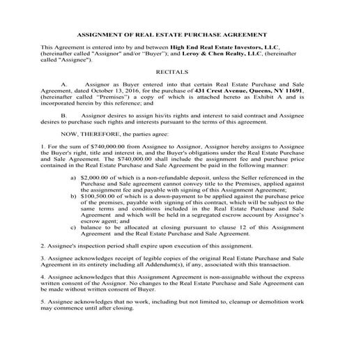 Wholesaler real estate assigment agreement | PDF