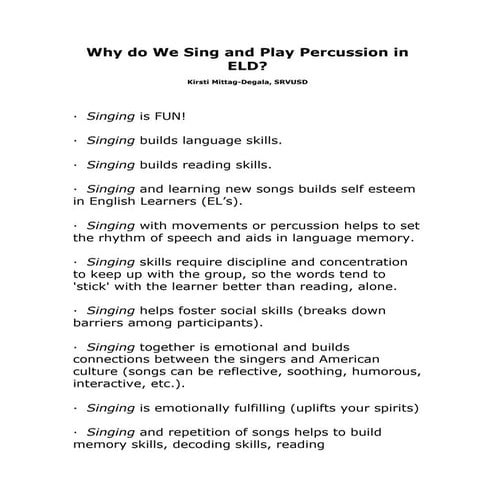 Why Do We Sing And Play Percussion In E L D | DOCX