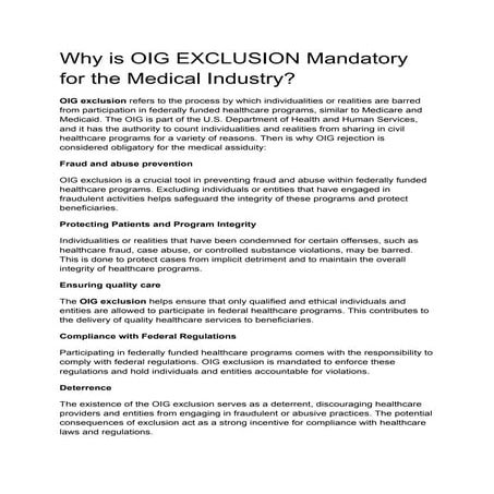Why is OIG EXCLUSION Mandatory for the Medical Industry? | PDF