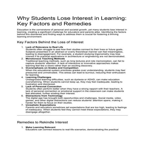 Why Students Lose Interest in Learning: Key Factors and Remedies | DOCX