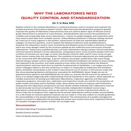 WHY THE LABORATORIES NEED QUALITY CONTROL AND STANDARDIZATION | PDF