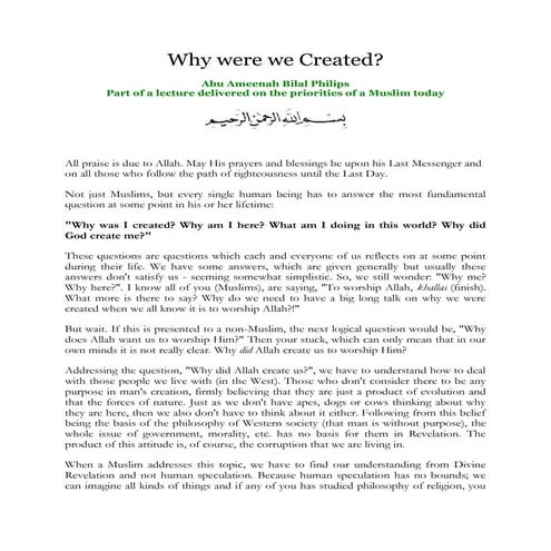 Why Were We Created? - Dr. Bilal Philips | PDF